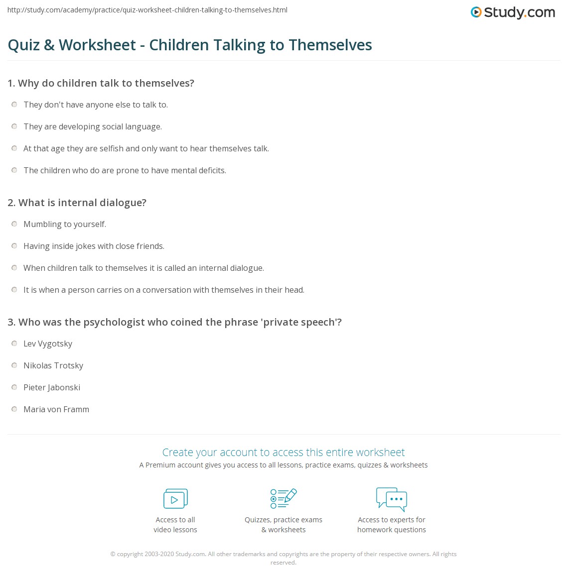 Quiz & Worksheet - Children Talking to Themselves | Study.com