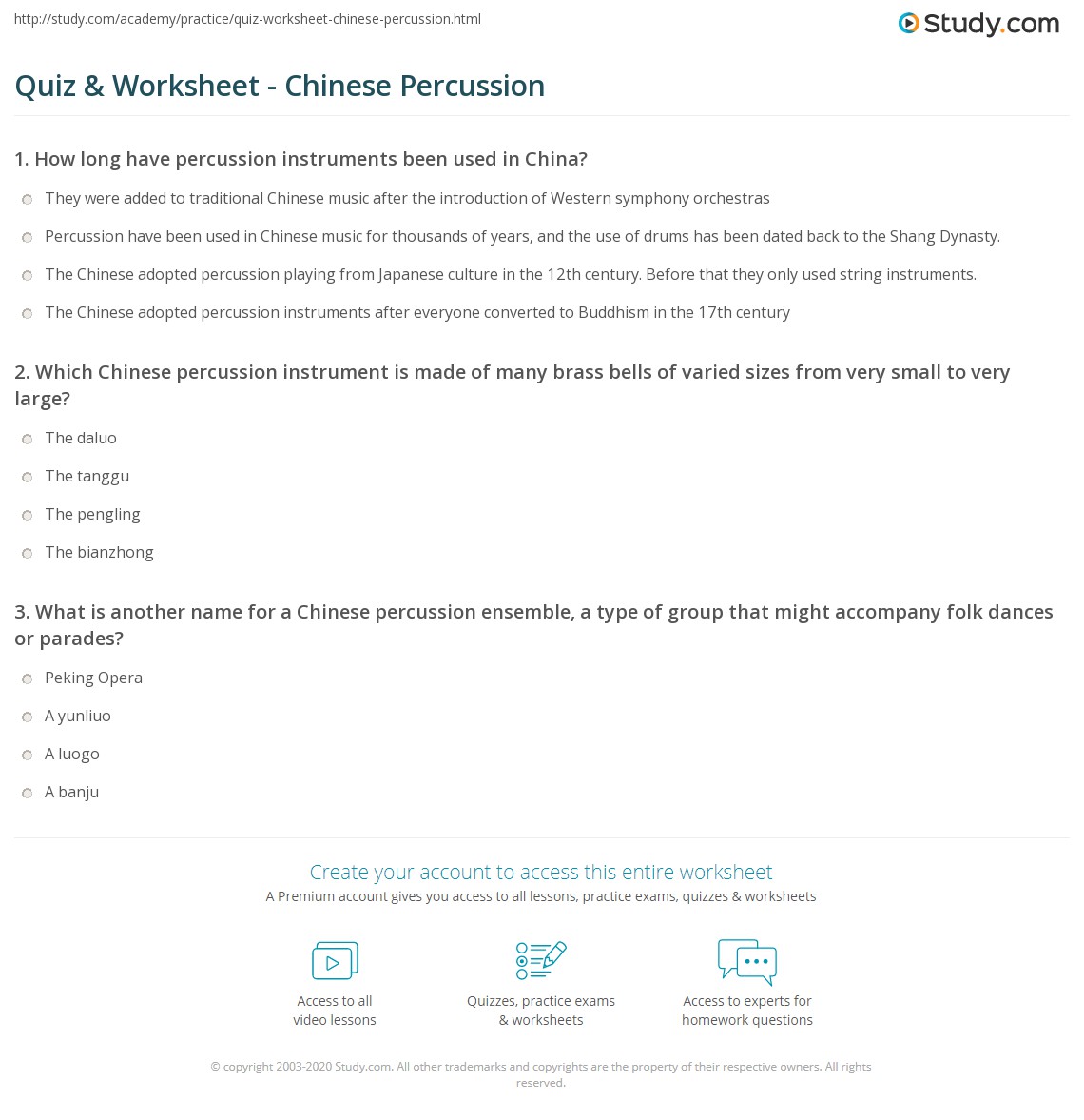 Quiz & Worksheet - Chinese Percussion | Study.com