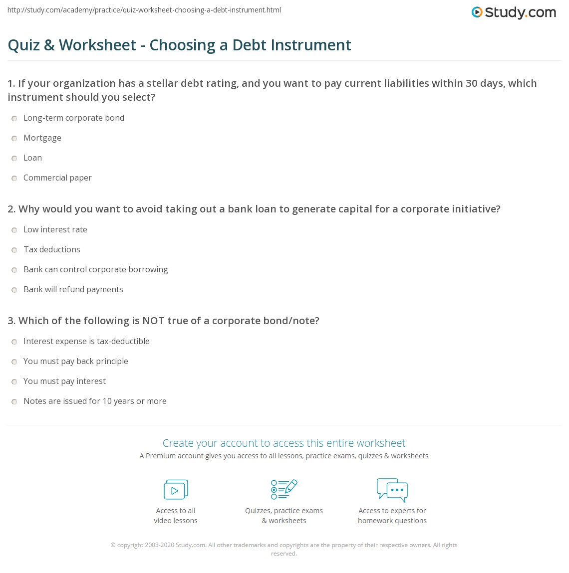 Quiz & Worksheet - Choosing a Debt Instrument | Study.com
