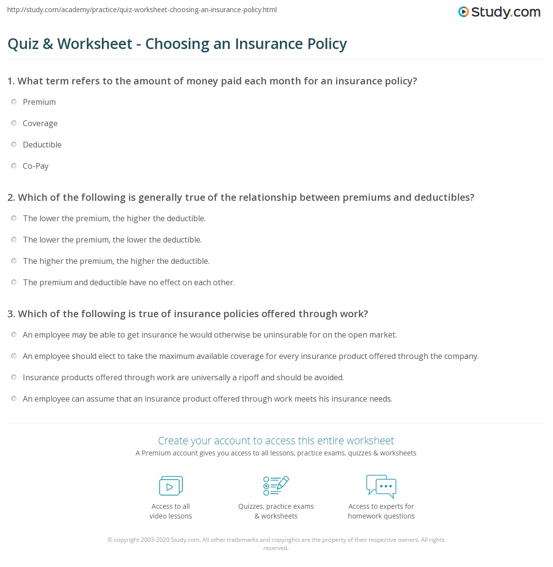 Quiz & Worksheet - Choosing an Insurance Policy | Study.com