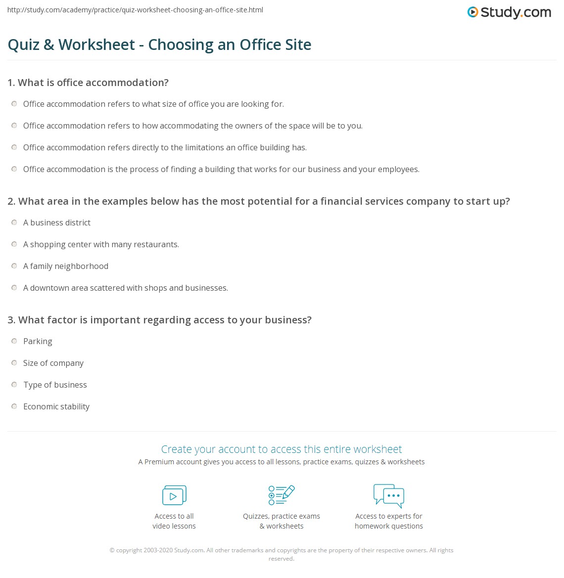 Quiz & Worksheet - Choosing an Office Site | Study.com