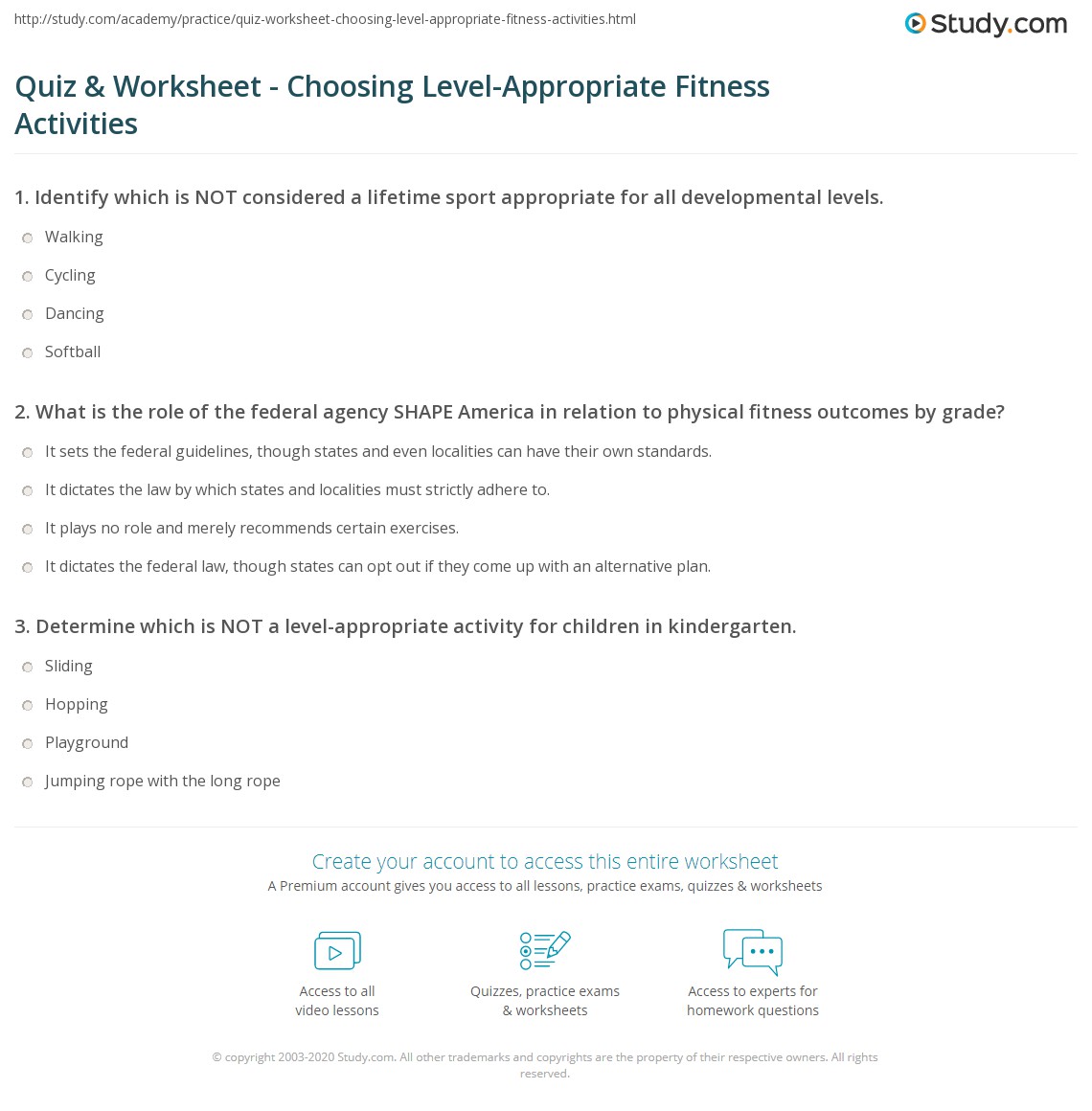 Quiz & Worksheet - Choosing Level-Appropriate Fitness Activities ...