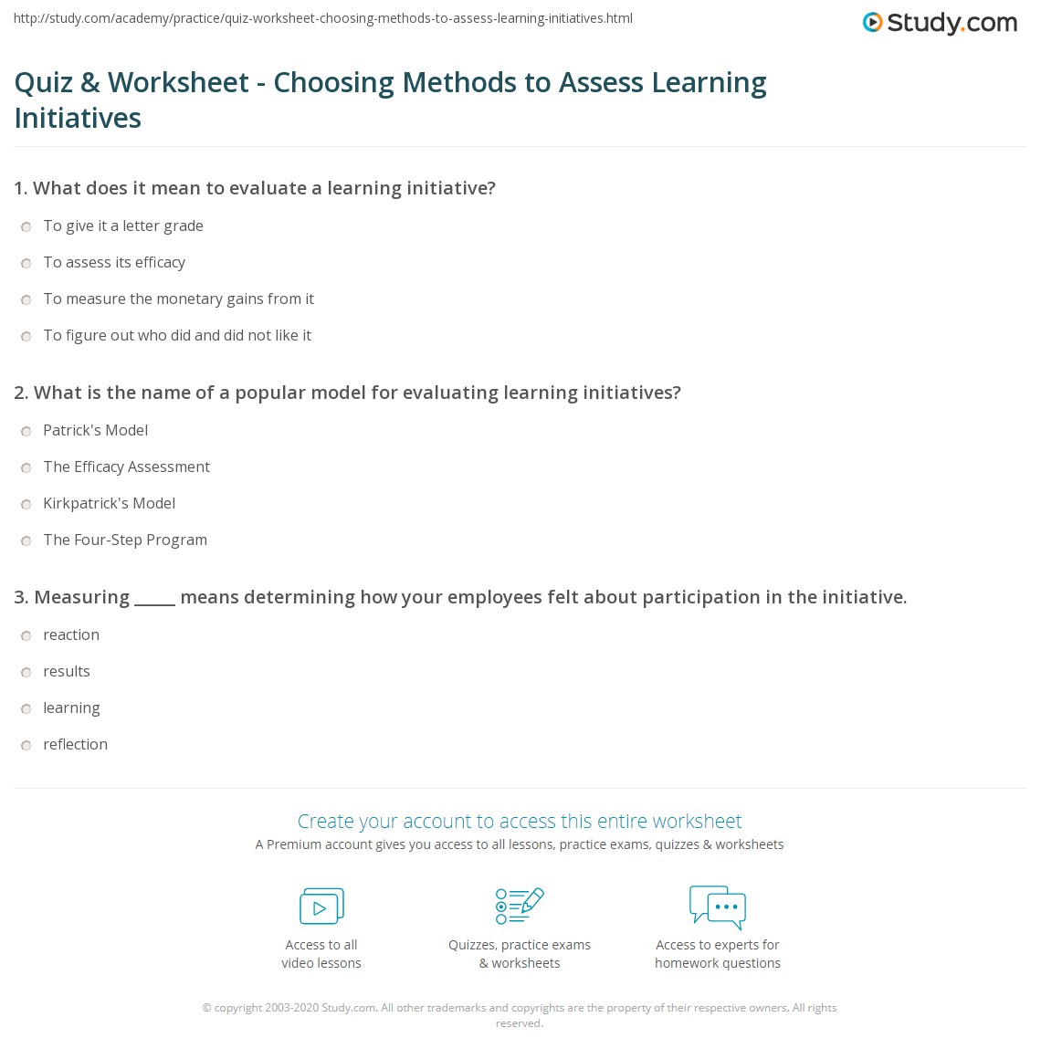 Quiz & Worksheet - Choosing Methods to Assess Learning Initiatives ...