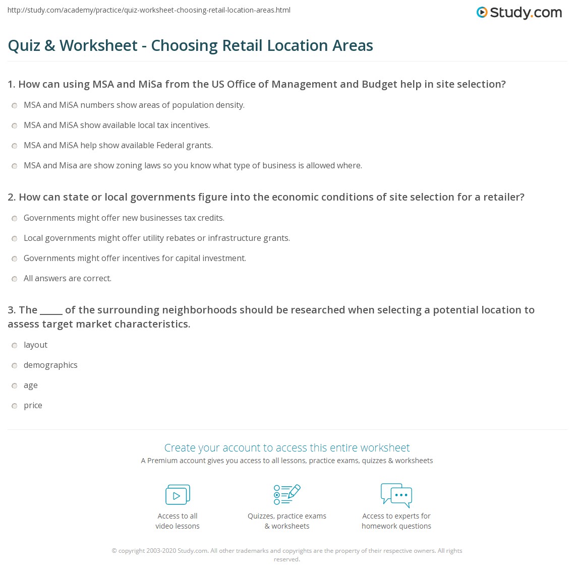 Quiz & Worksheet - Choosing Retail Location Areas | Study.com