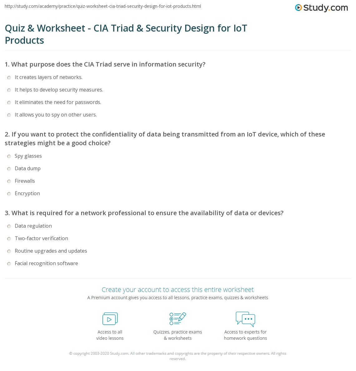 Quiz & Worksheet - CIA Triad & Security Design for IoT Products | Study.com