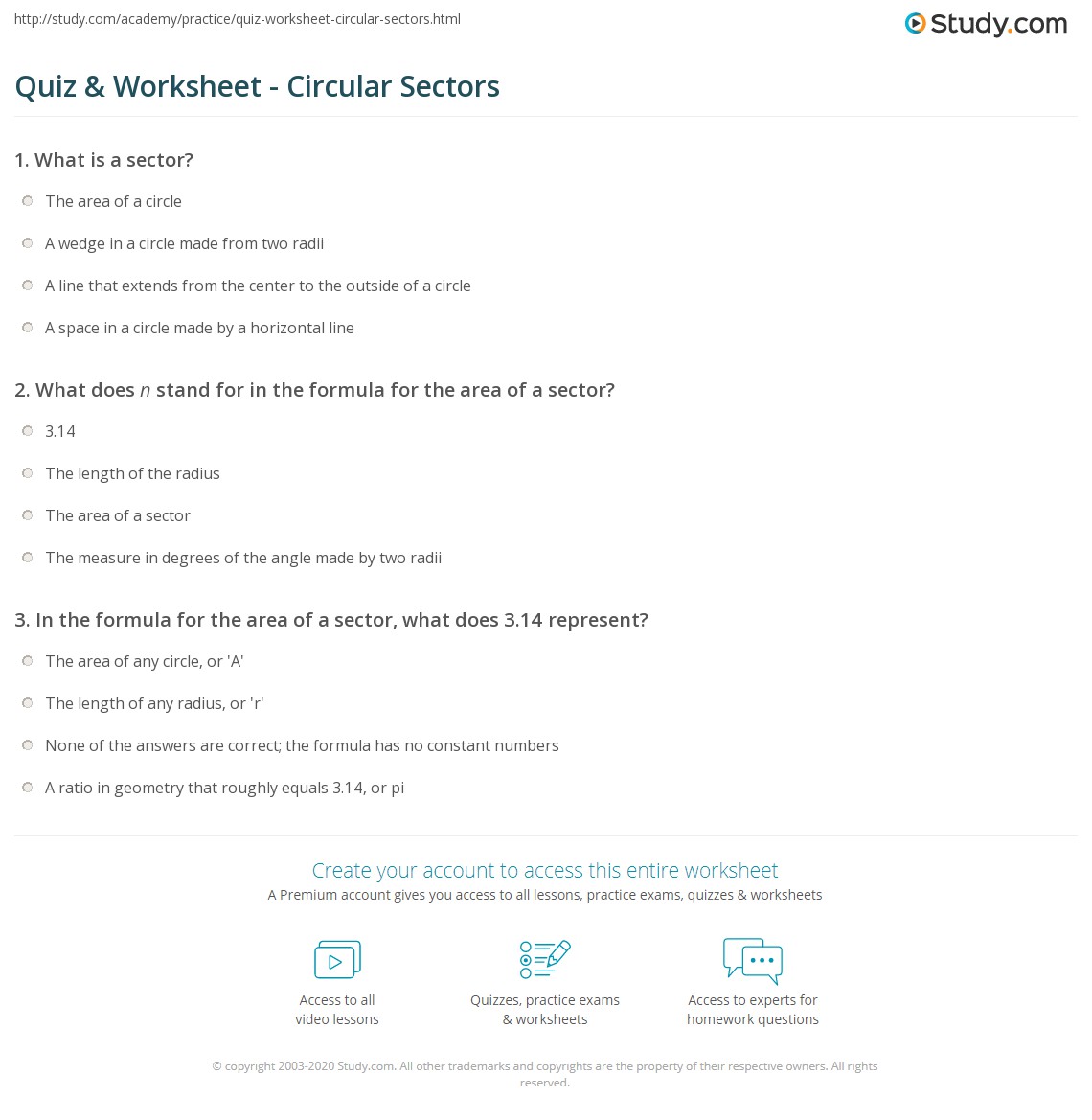Quiz & Worksheet - Circular Sectors | Study.com