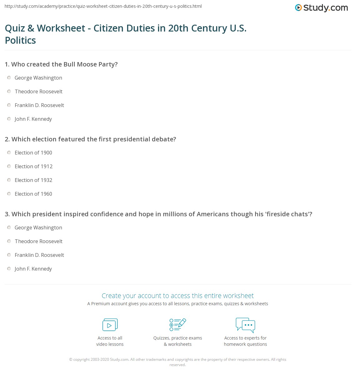 Quiz & Worksheet - Citizen Duties in 20th Century U.S. Politics | Study.com