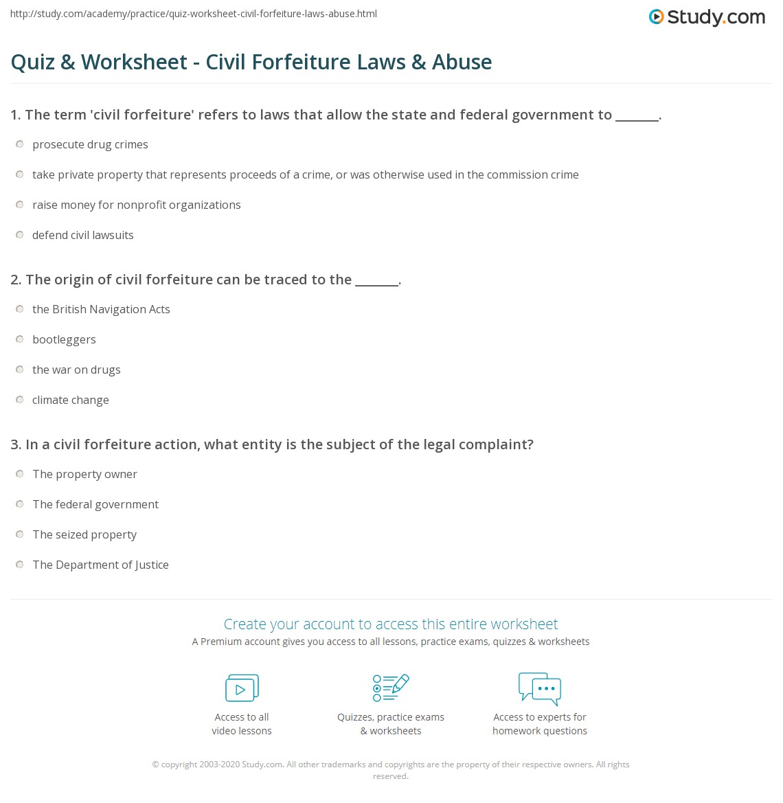 Quiz & Worksheet - Civil Forfeiture Laws & Abuse | Study.com