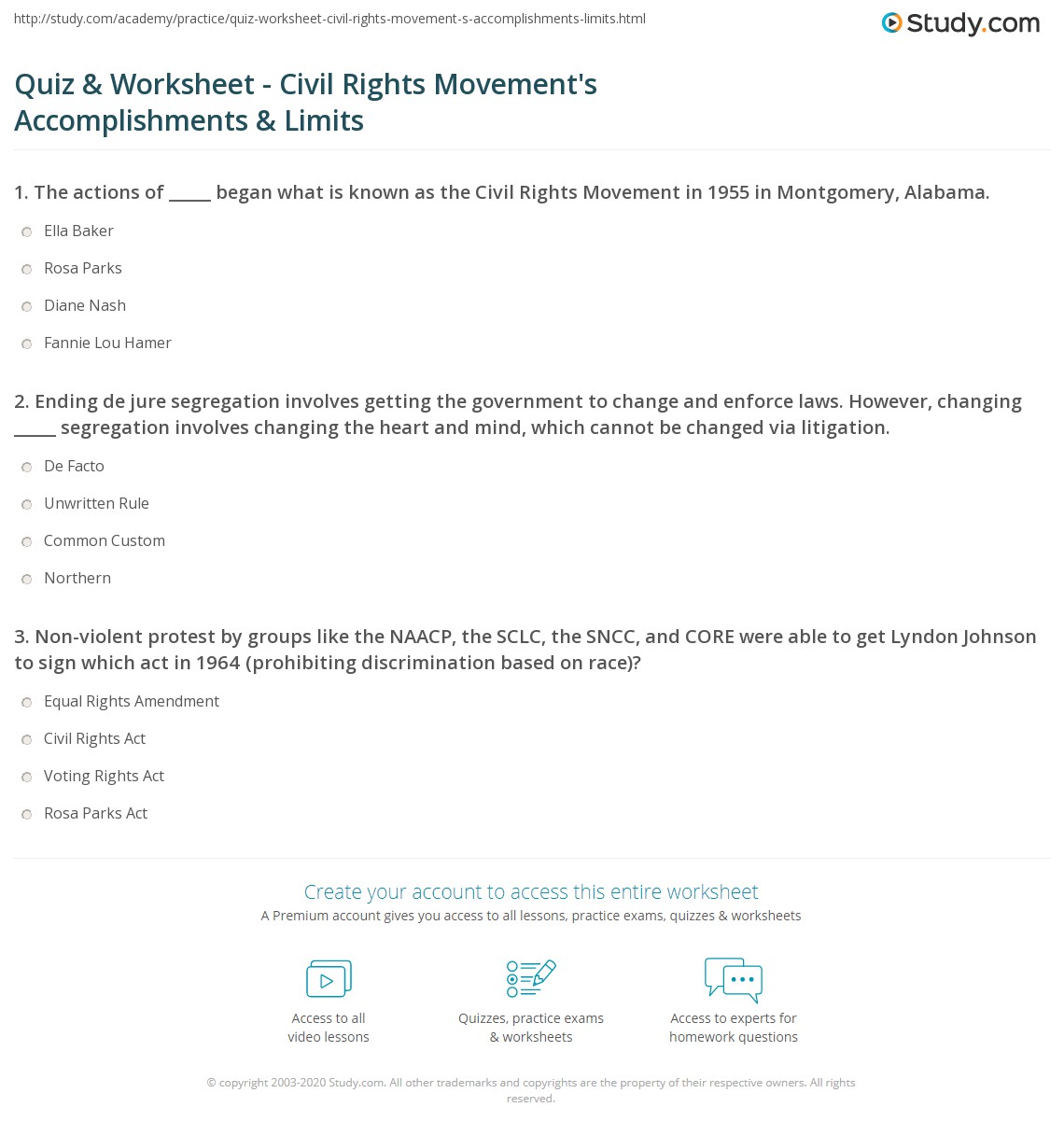 Quiz & Worksheet - Civil Rights Movement's Accomplishments & Limits ...