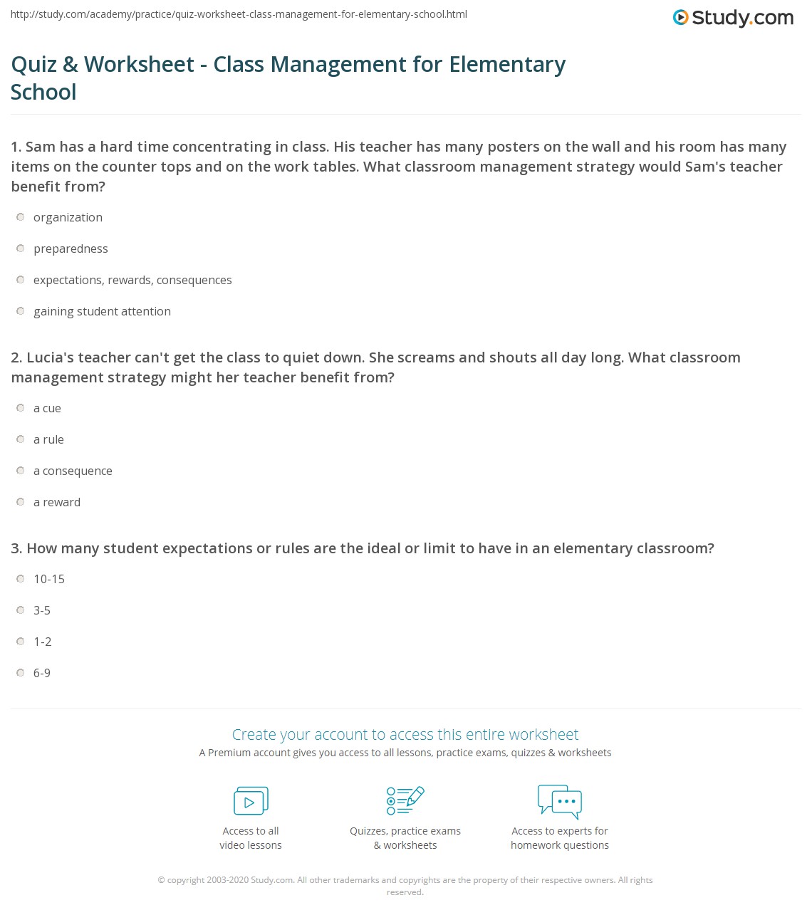 Quiz & Worksheet - Class Management for Elementary School | Study.com