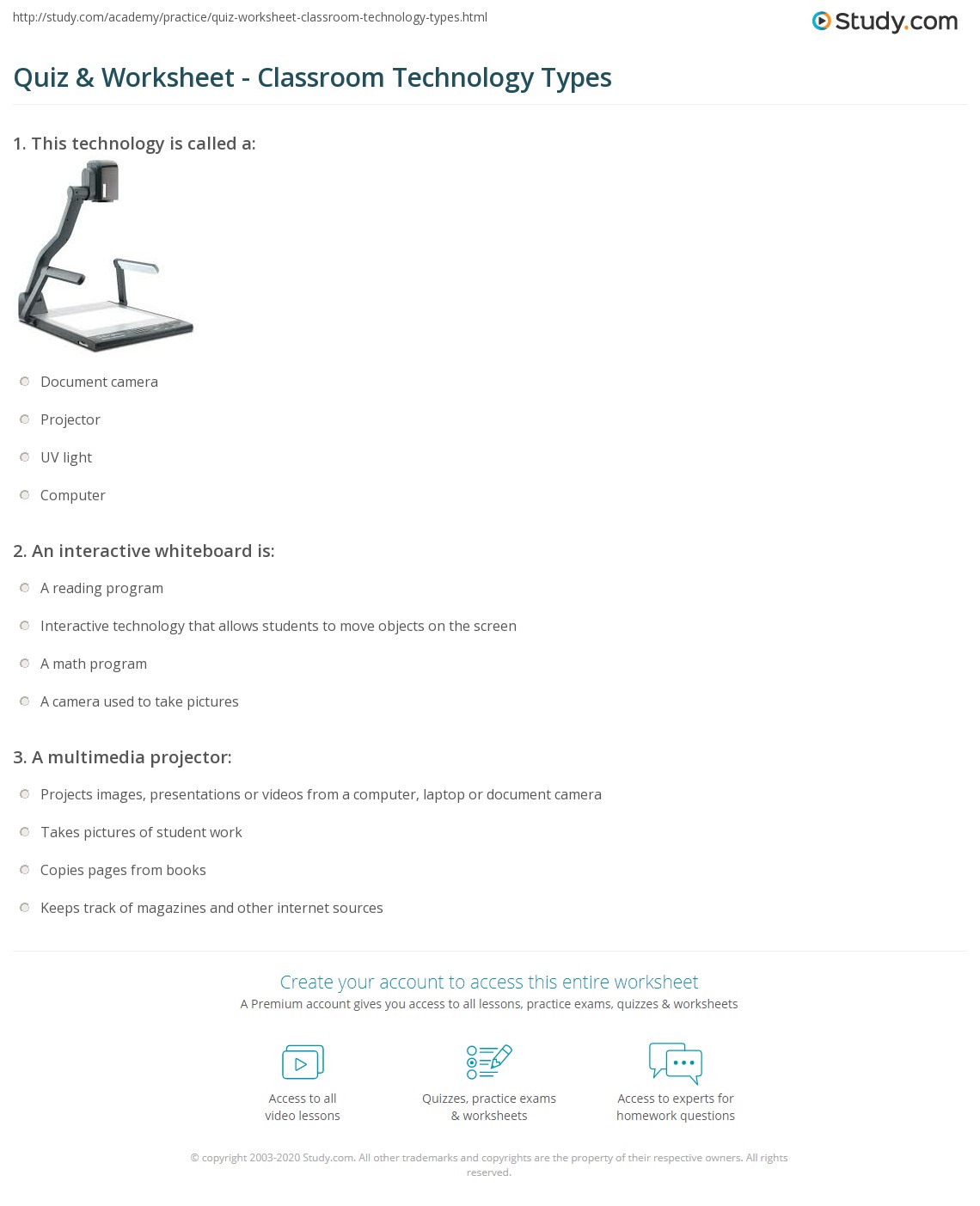 Quiz & Worksheet - Classroom Technology Types | Study.com