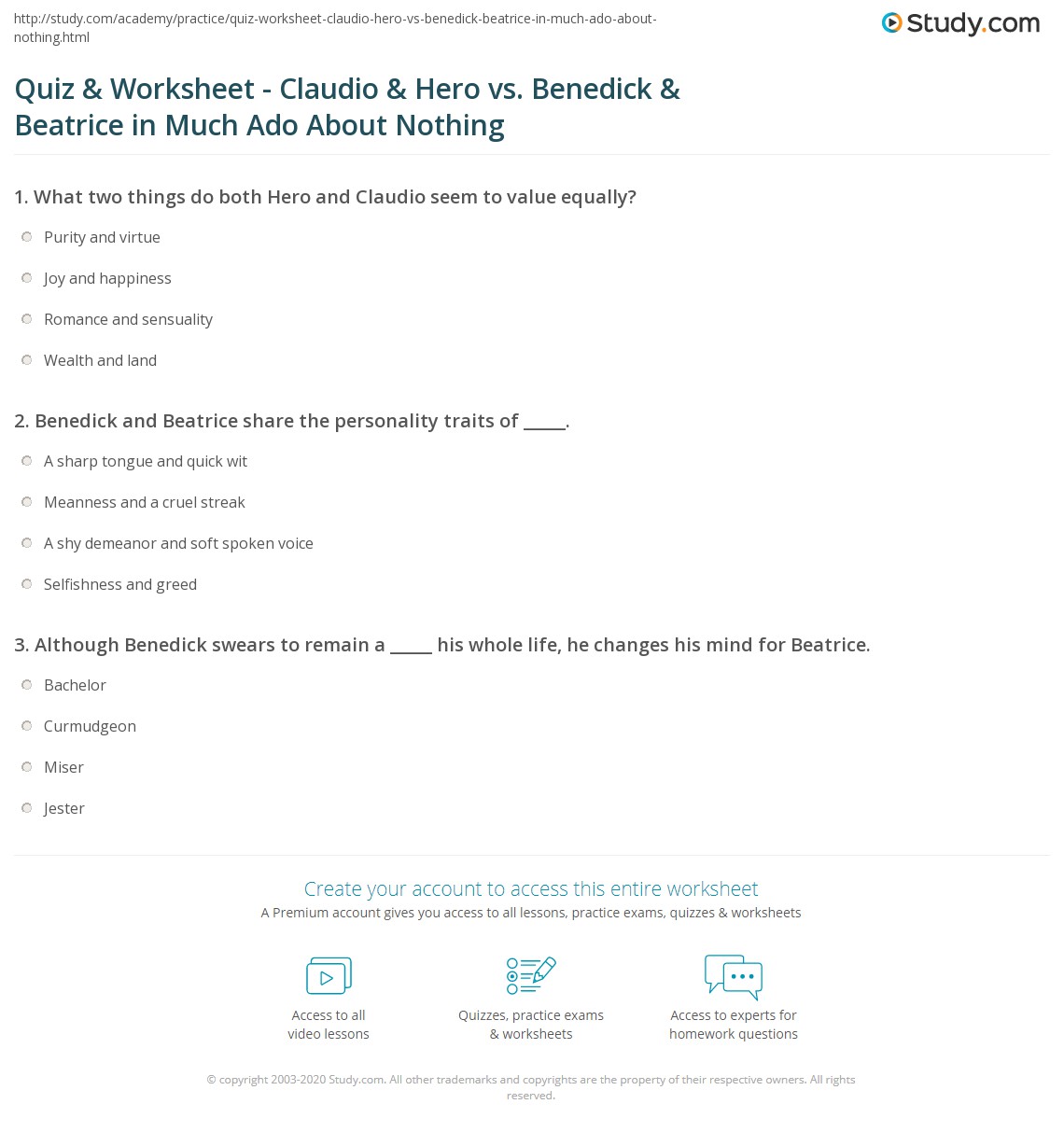 Quiz & Worksheet - Claudio & Hero vs. Benedick & Beatrice in Much Ado ...