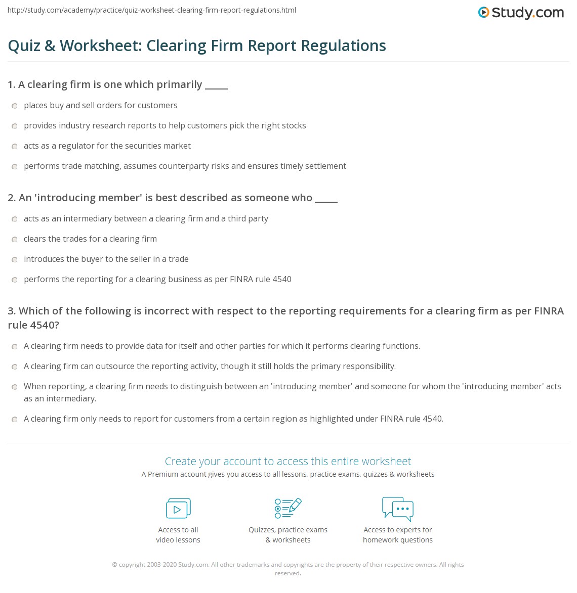 Quiz & Worksheet: Clearing Firm Report Regulations | Study.com