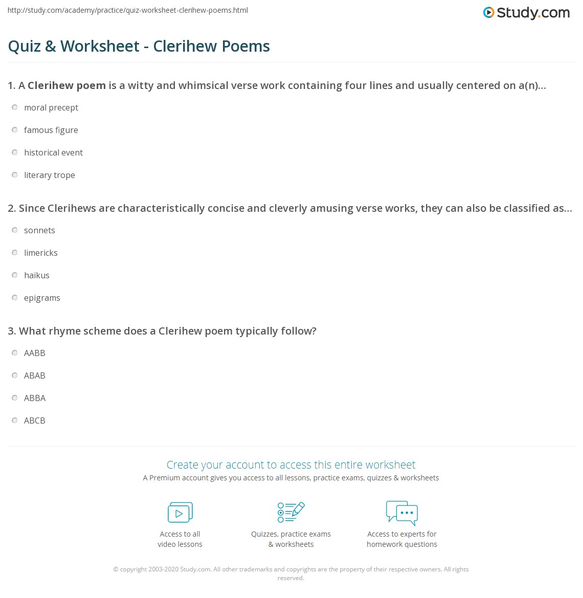 Quiz & Worksheet - Clerihew Poems | Study.com