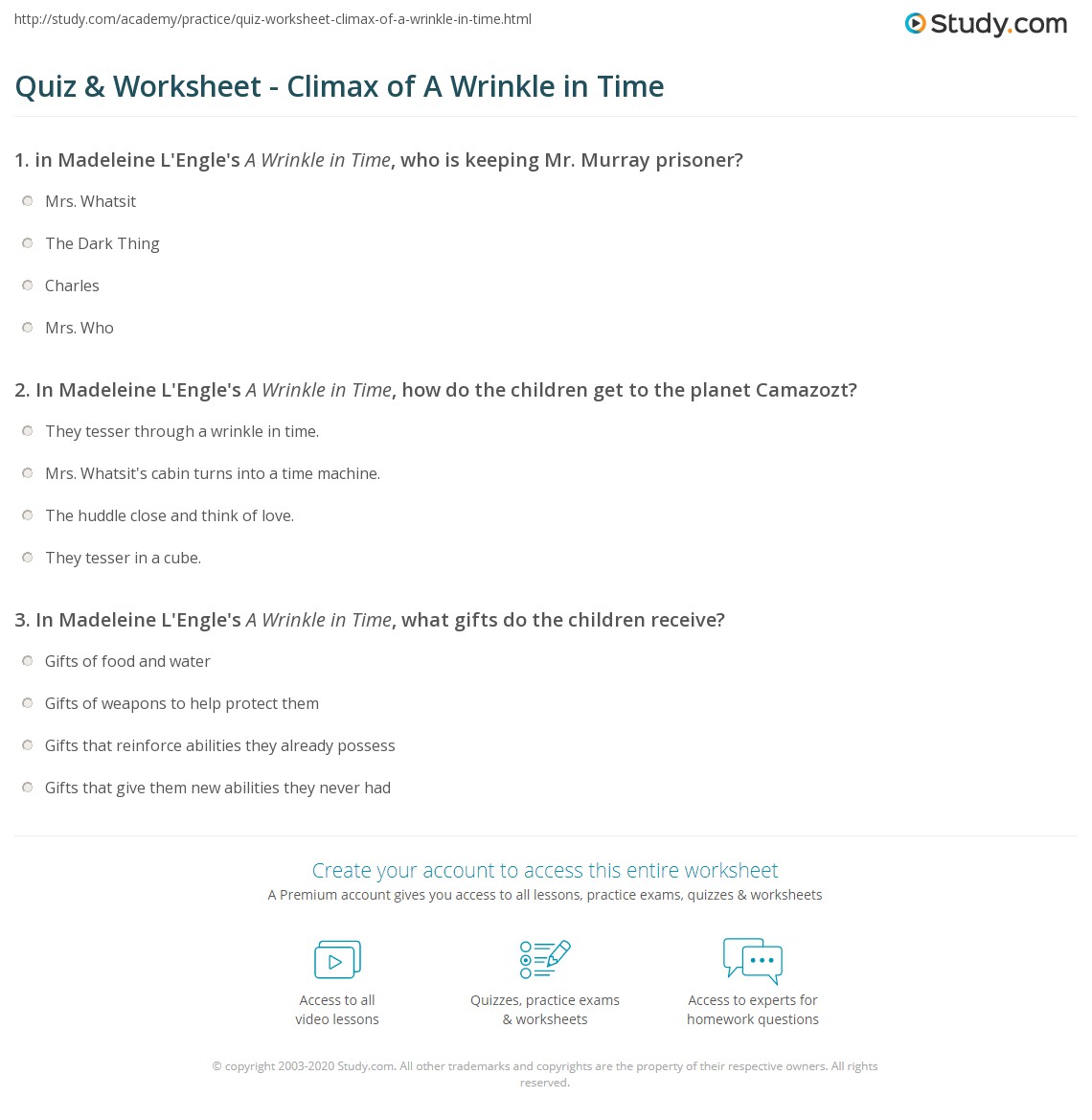 Quiz & Worksheet - Climax of A Wrinkle in Time | Study.com