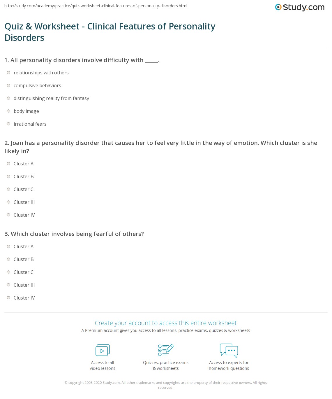Quiz & Worksheet - Clinical Features of Personality Disorders | Study.com