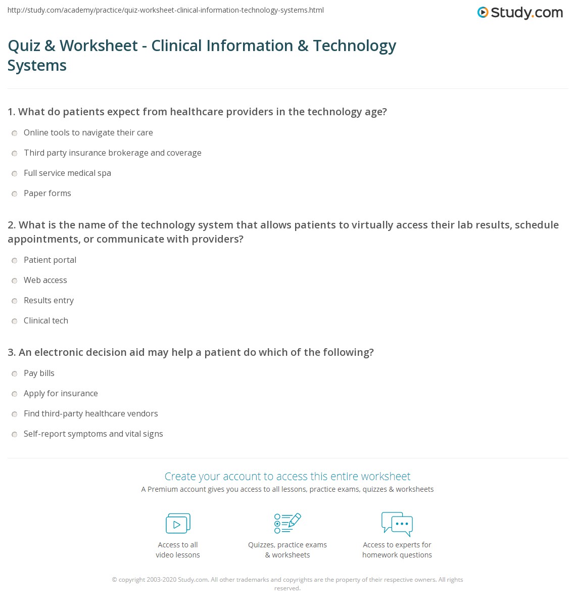 Quiz & Worksheet - Clinical Information & Technology Systems | Study.com