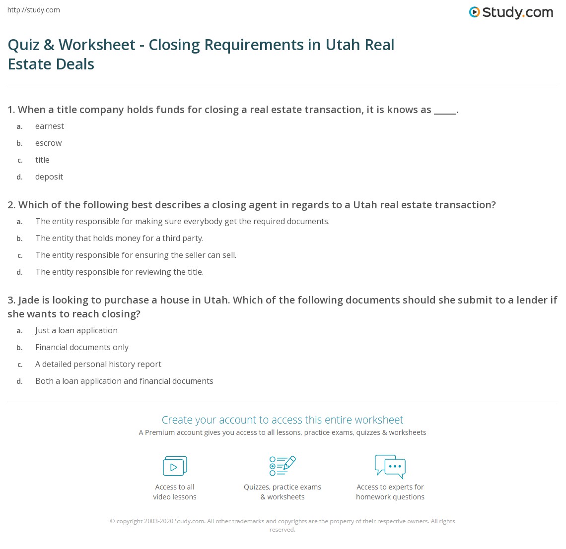 Quiz & Worksheet - Closing Requirements in Utah Real Estate Deals ...