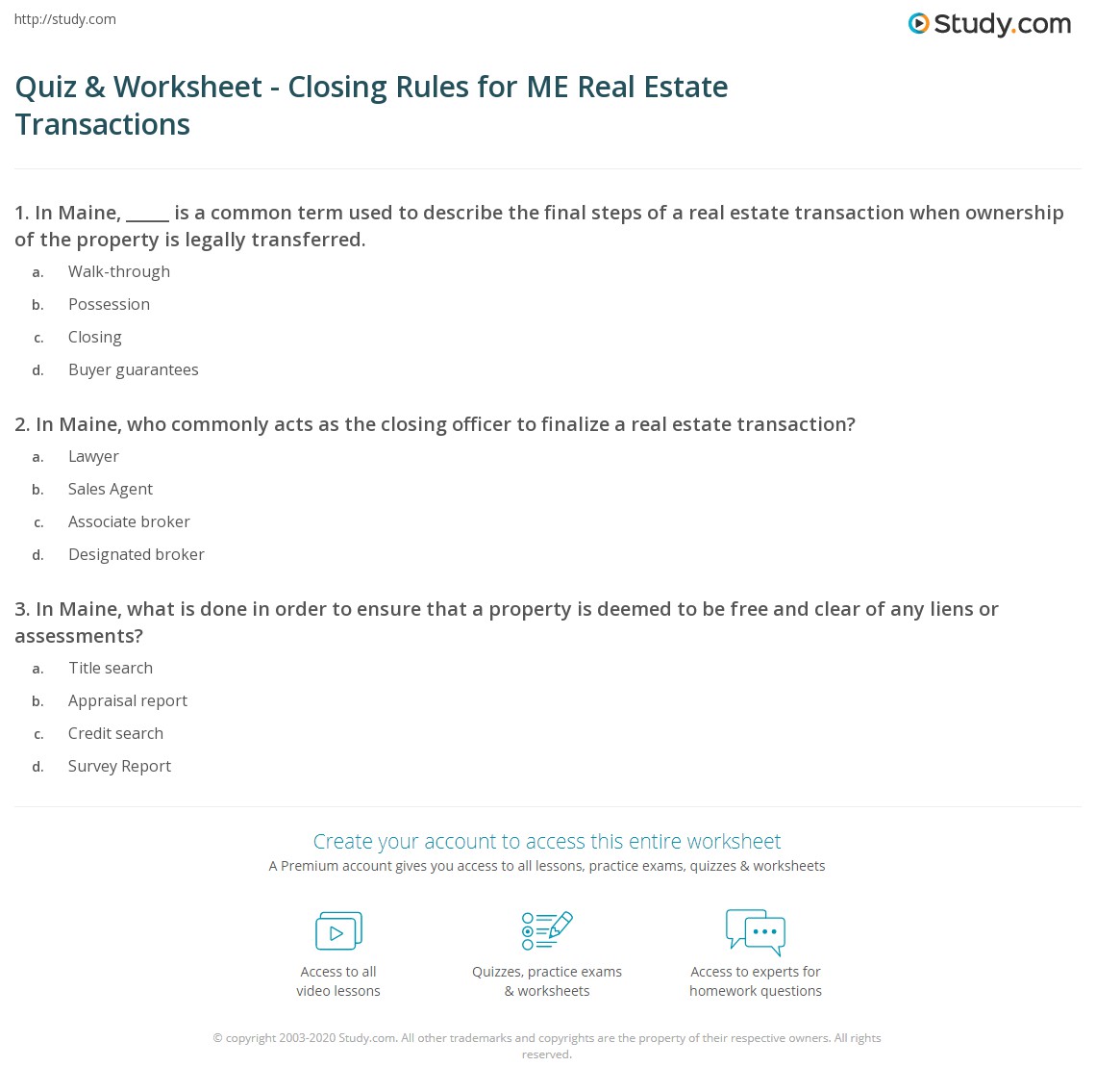 Quiz & Worksheet - Closing Rules for ME Real Estate Transactions ...