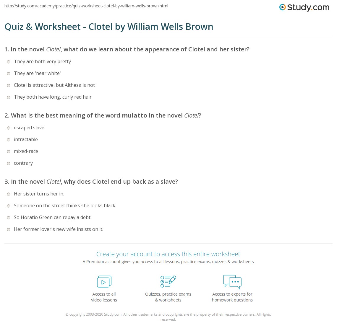 Quiz & Worksheet - Clotel by William Wells Brown | Study.com