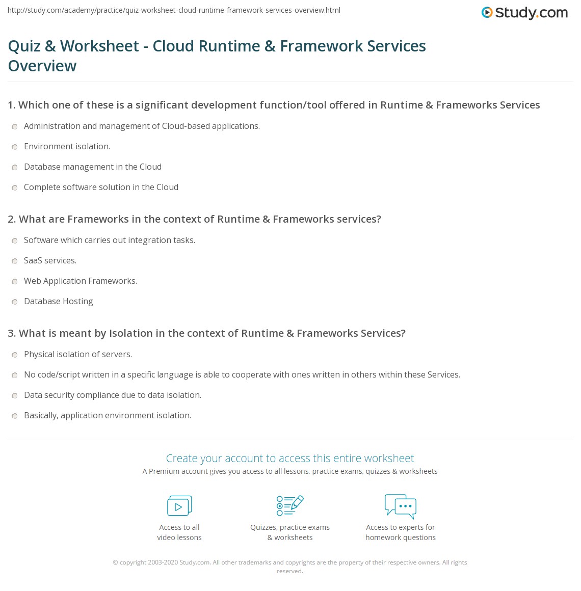 Quiz & Worksheet - Cloud Runtime & Framework Services Overview | Study.com