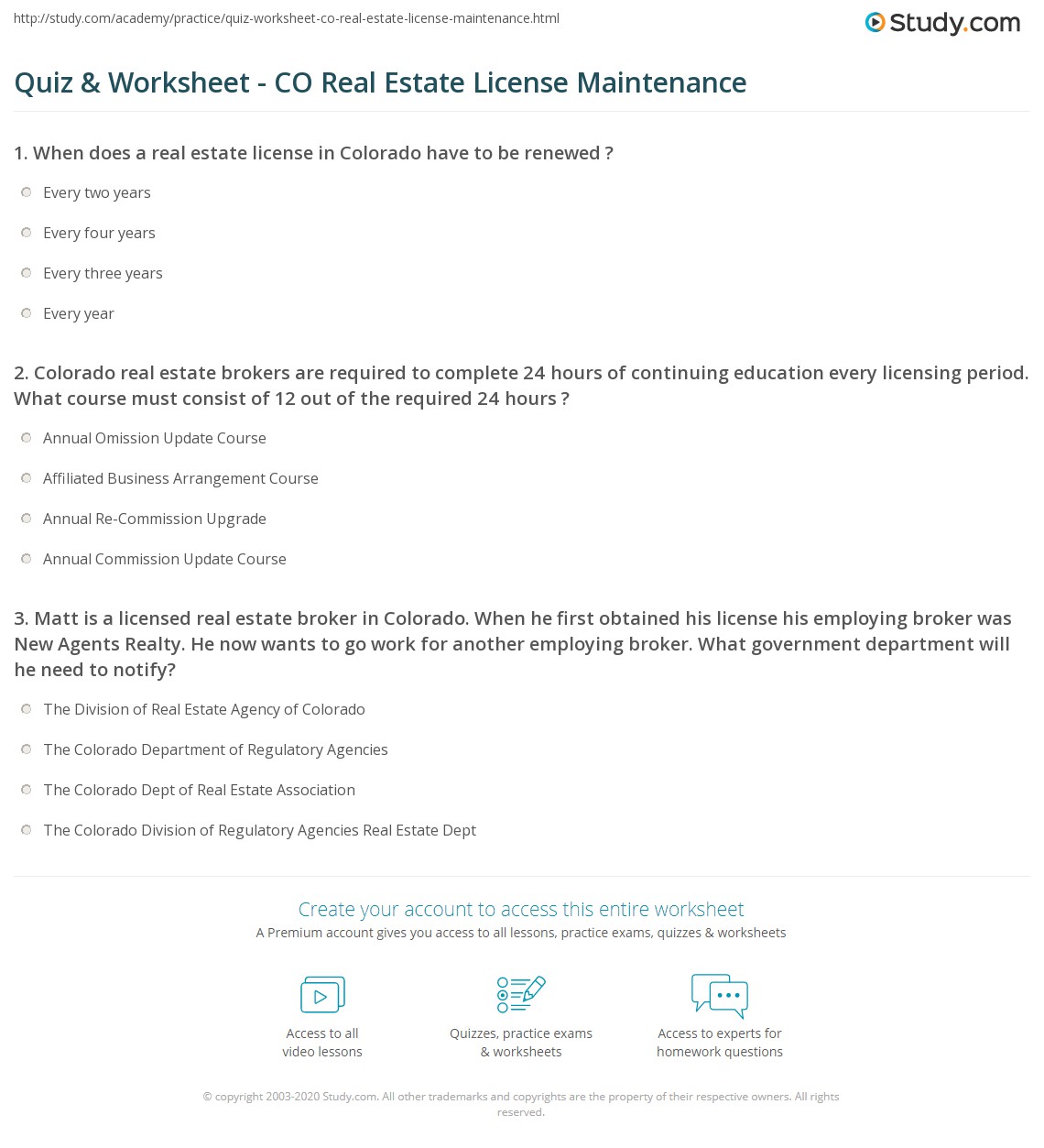 Quiz & Worksheet - CO Real Estate License Maintenance | Study.com