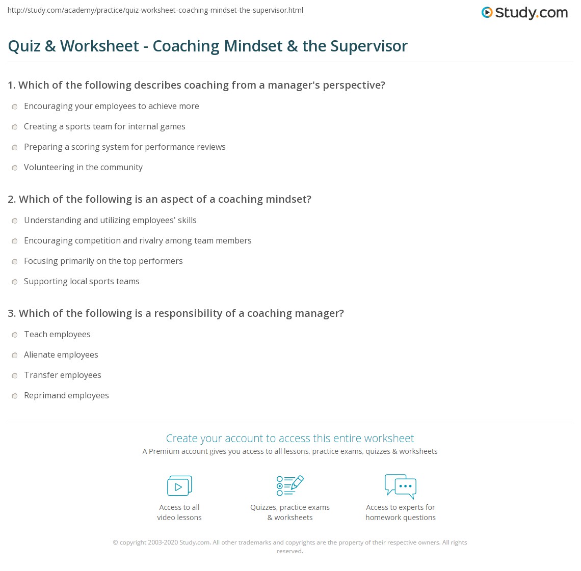 Quiz & Worksheet - Coaching Mindset & the Supervisor | Study.com