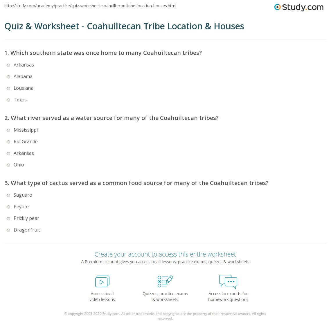 Quiz & Worksheet - Coahuiltecan Tribe Location & Houses | Study.com