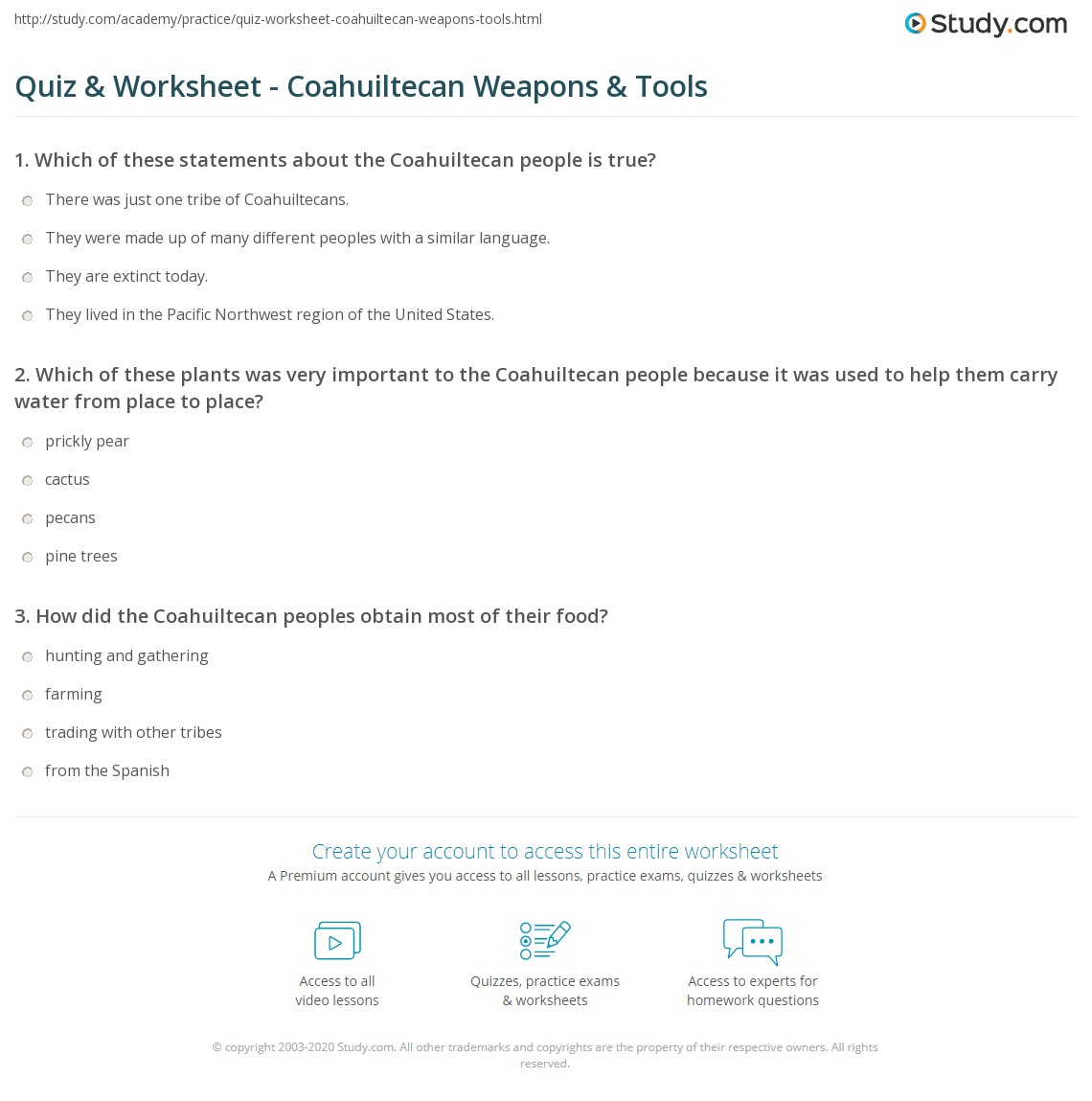 Quiz & Worksheet - Coahuiltecan Weapons & Tools | Study.com