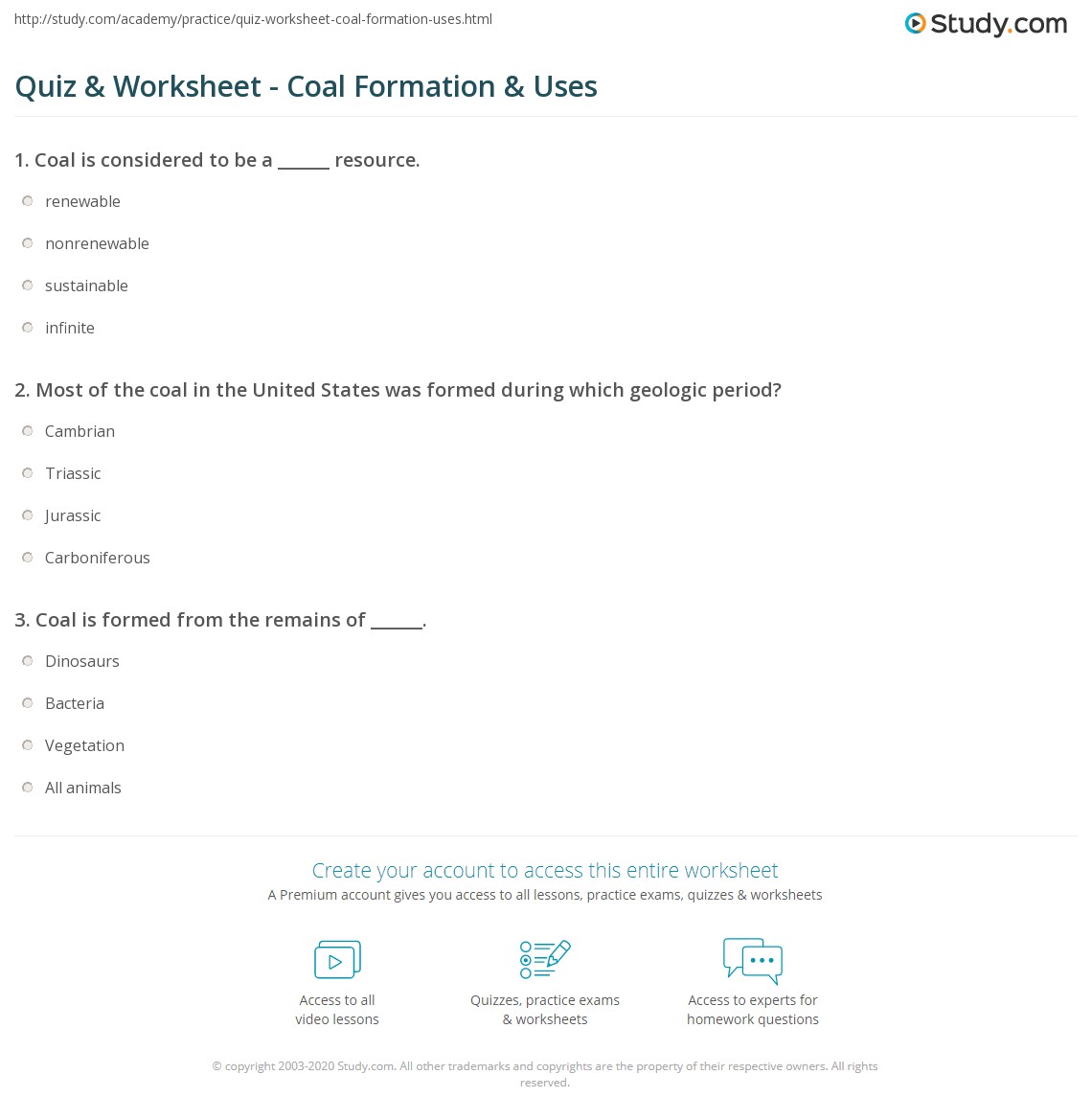 Quiz & Worksheet - Coal Formation & Uses | Study.com