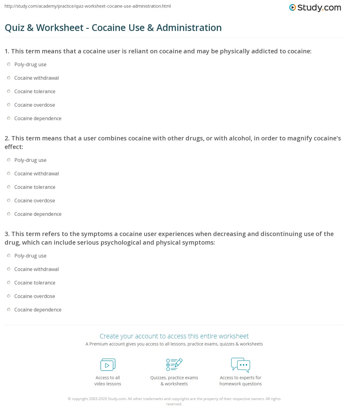 Quiz & Worksheet - Cocaine Use & Administration | Study.com