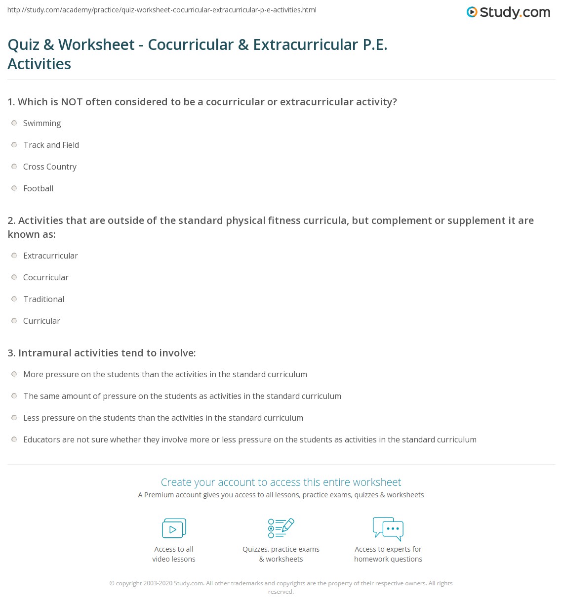 Quiz & Worksheet - Cocurricular & Extracurricular P.E. Activities ...