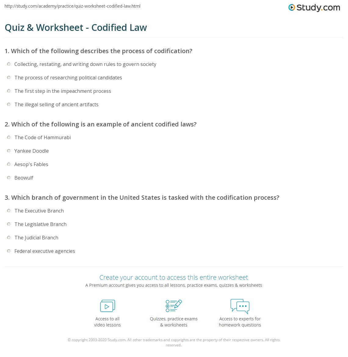 Quiz Worksheet Codified Law Study