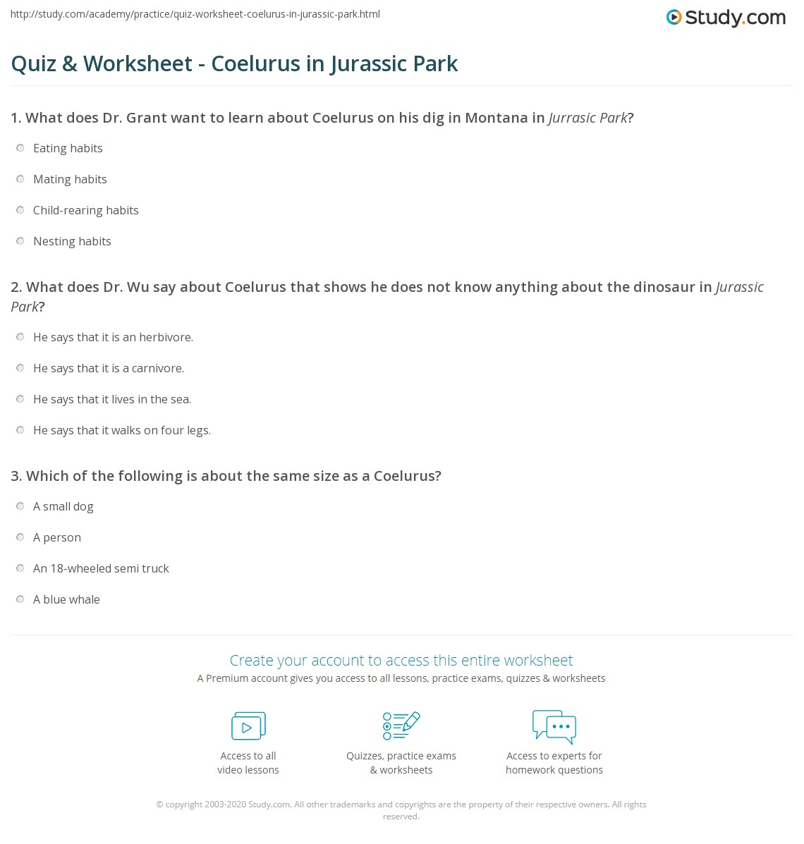 Quiz & Worksheet - Coelurus in Jurassic Park | Study.com