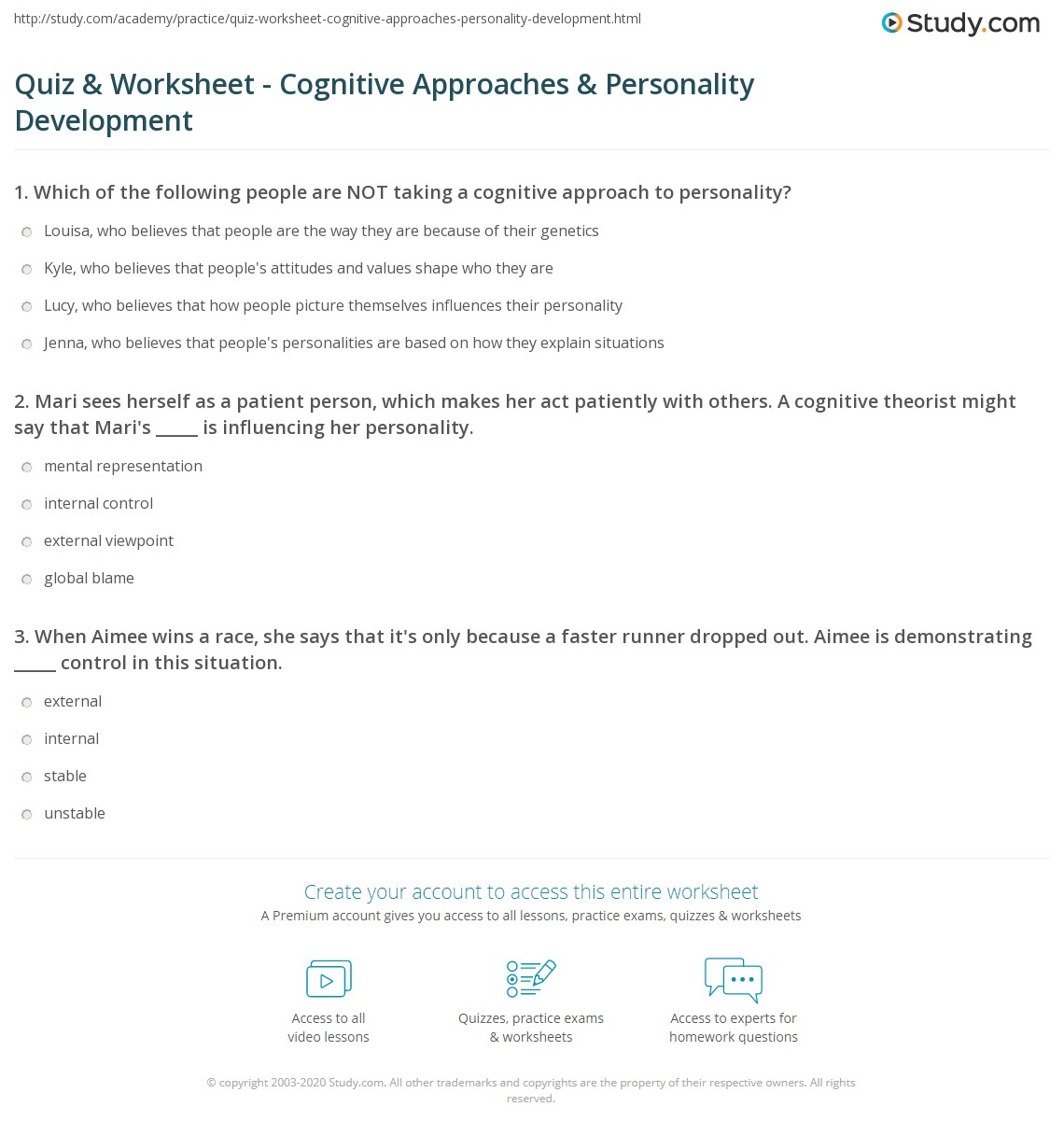 Quiz & Worksheet - Cognitive Approaches & Personality Development ...