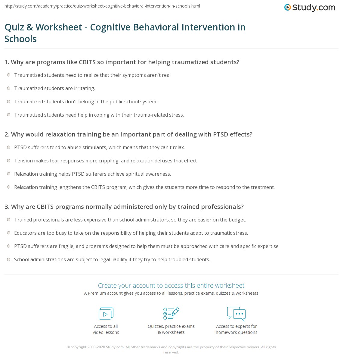 Quiz & Worksheet - Cognitive Behavioral Intervention in Schools | Study.com