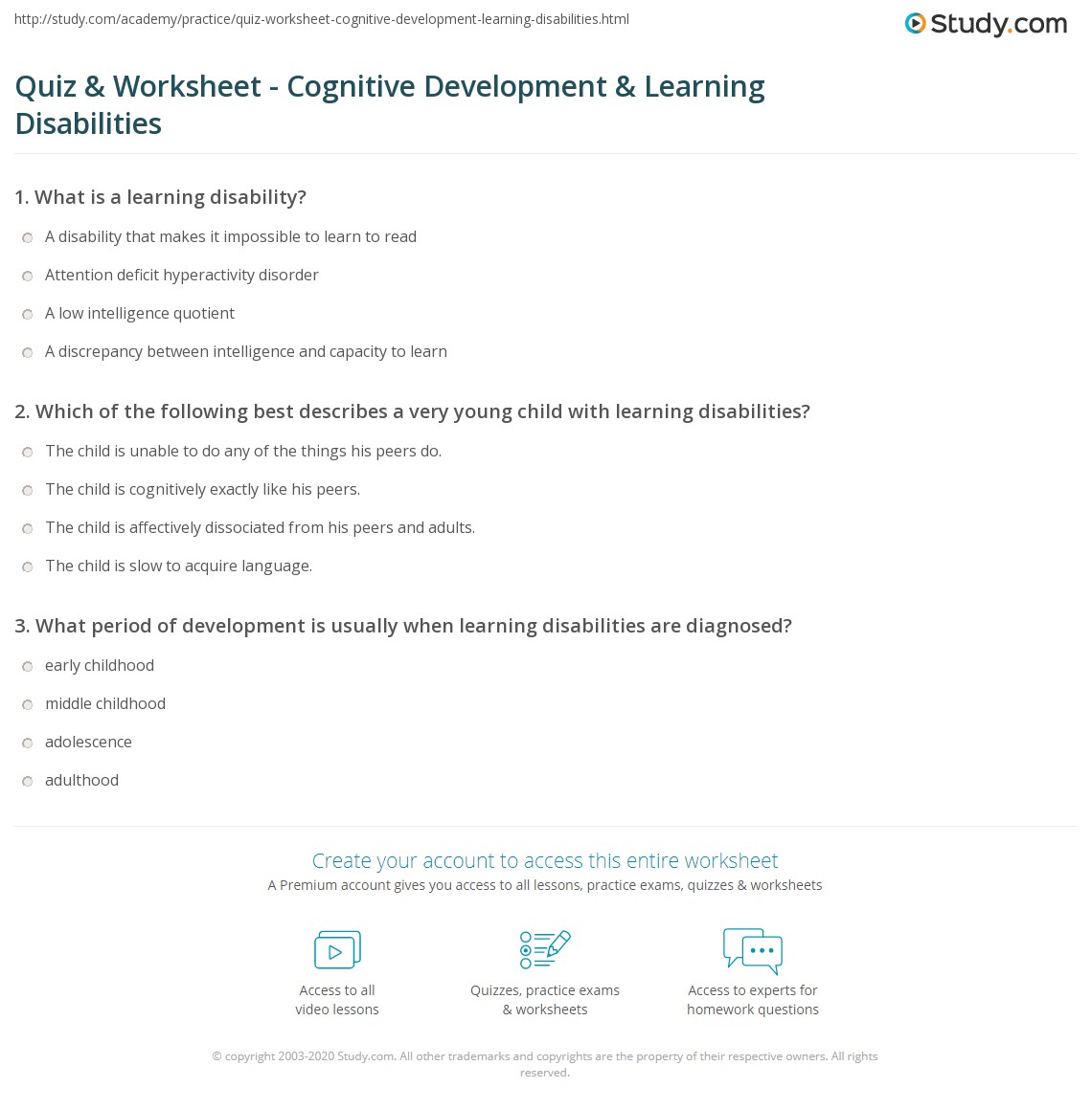 Quiz & Worksheet - Cognitive Development & Learning Disabilities ...