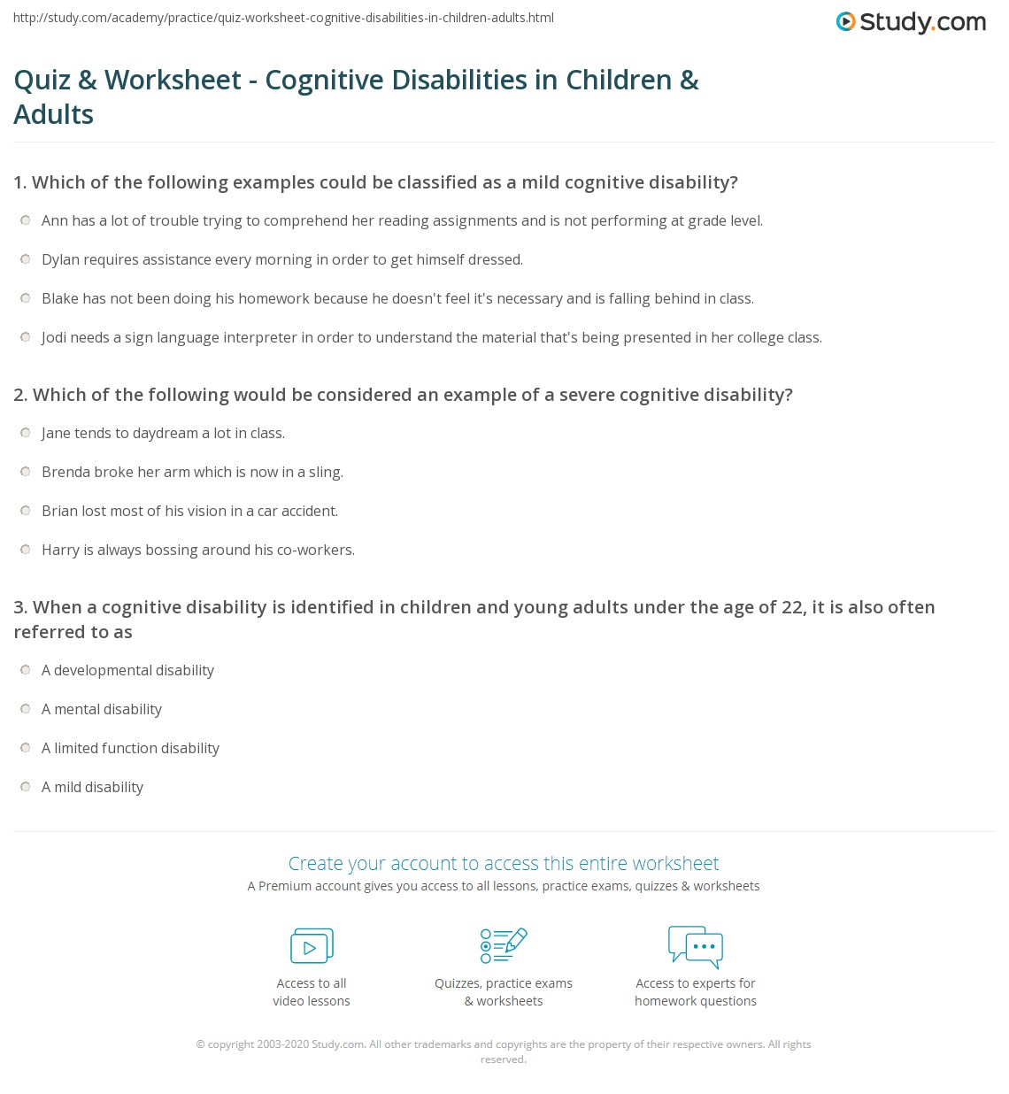 Quiz & Worksheet - Cognitive Disabilities in Children & Adults | Study.com