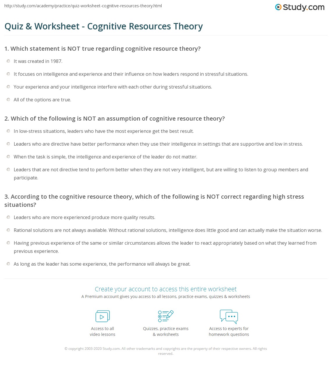 Quiz & Worksheet - Cognitive Resources Theory | Study.com