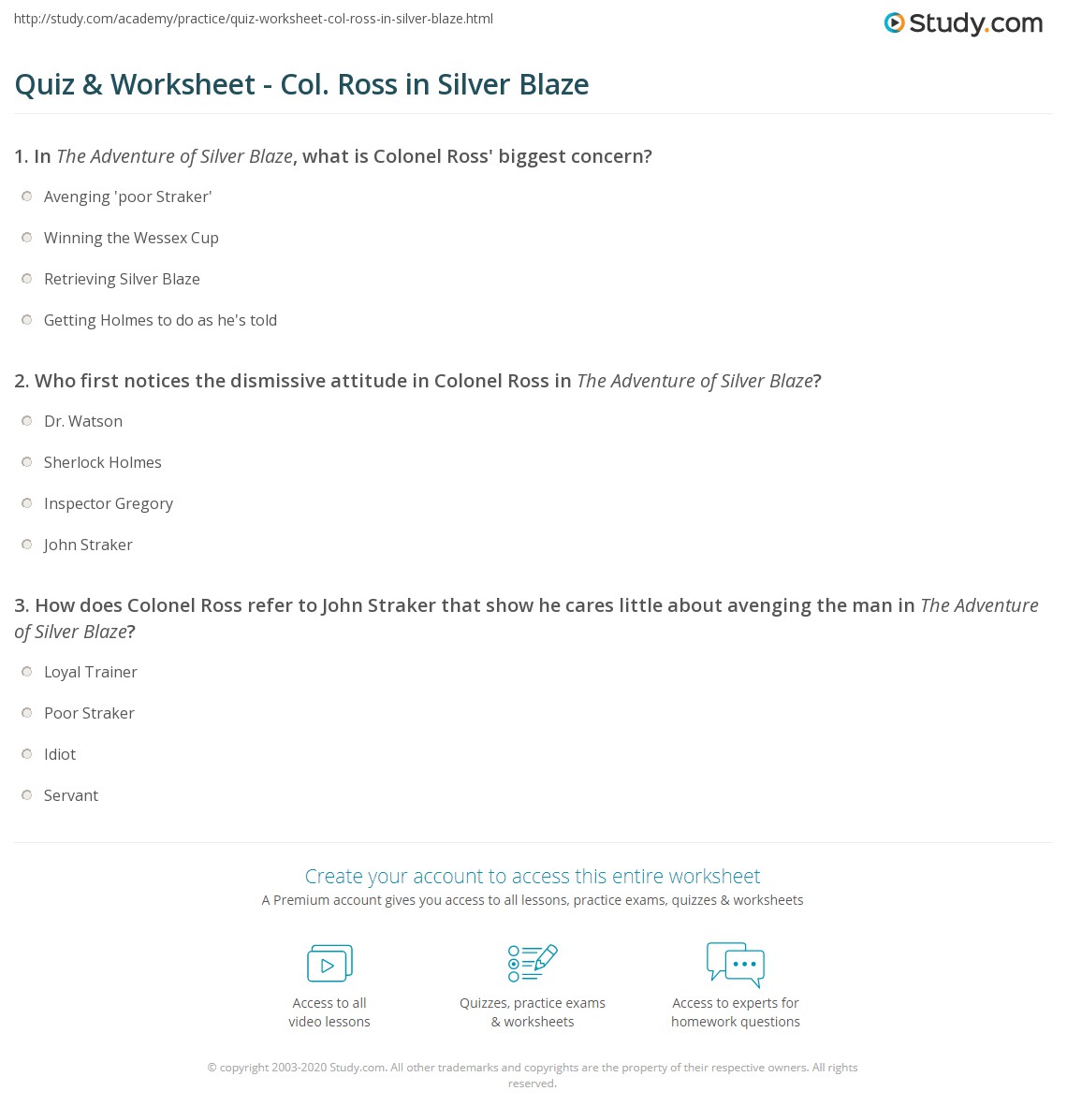Quiz & Worksheet - Col. Ross in Silver Blaze | Study.com