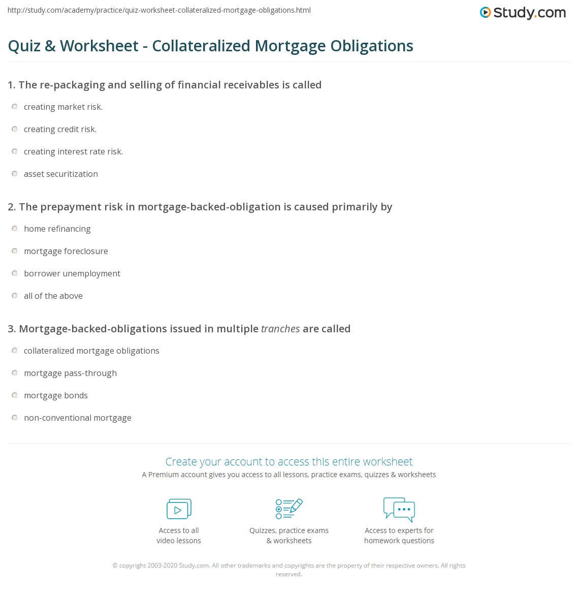 Quiz & Worksheet - Collateralized Mortgage Obligations | Study.com