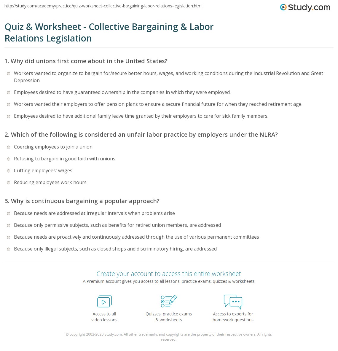 Quiz & Worksheet - Collective Bargaining & Labor Relations Legislation ...