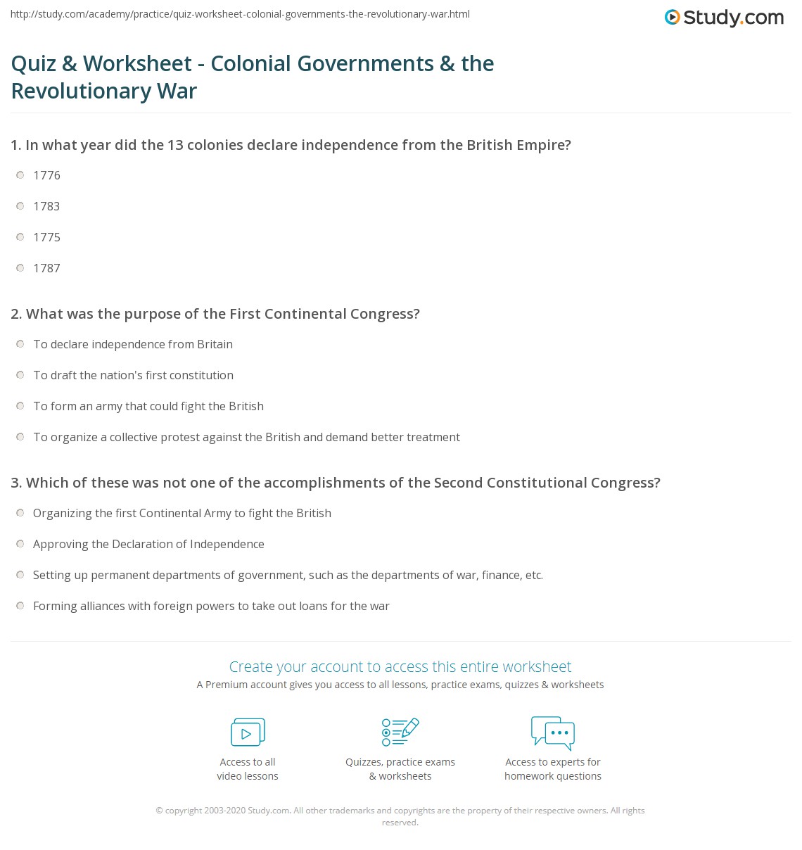 Quiz & Worksheet - Colonial Governments & the Revolutionary War | Study.com