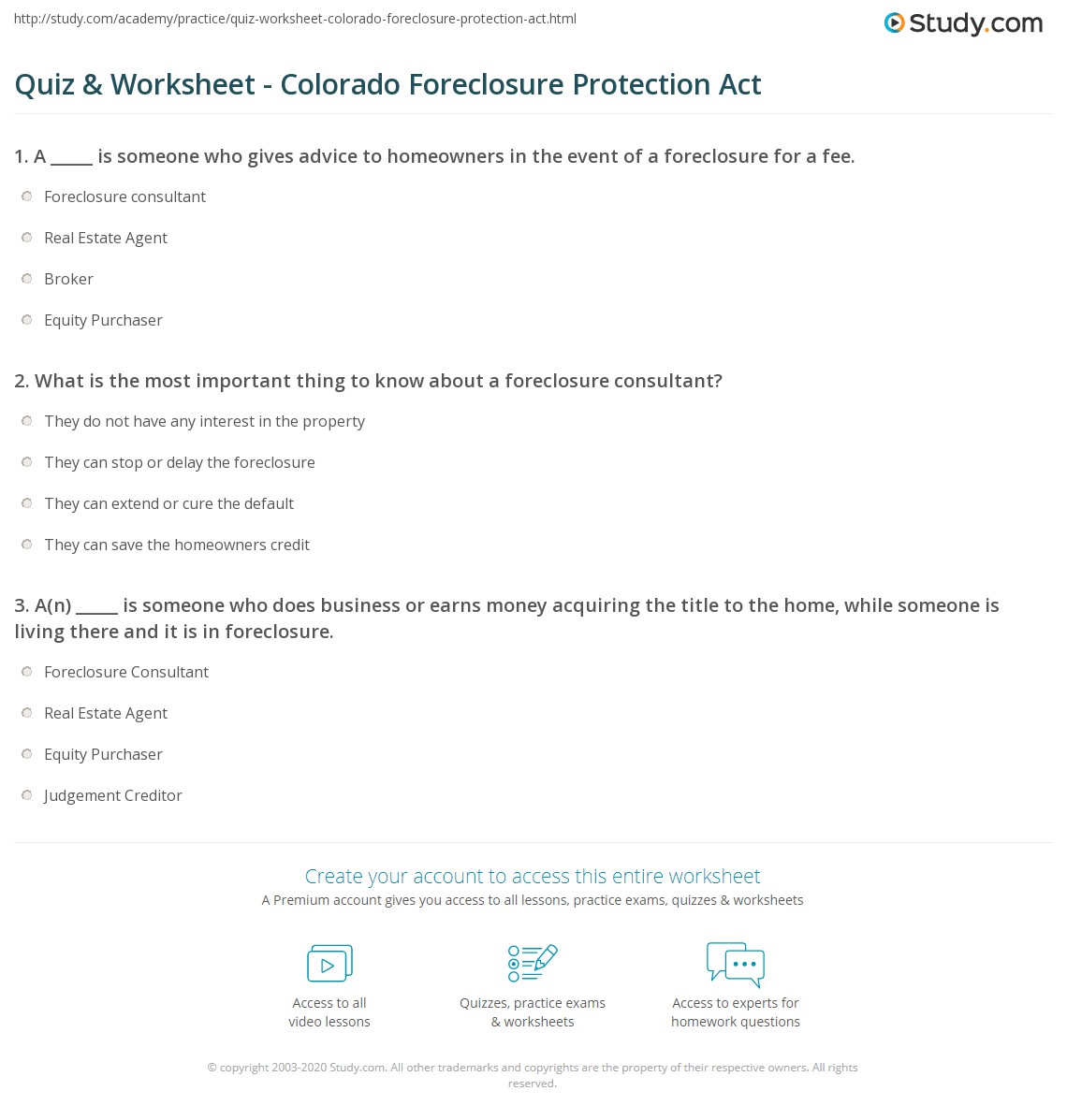 Quiz & Worksheet - Colorado Foreclosure Protection Act | Study.com
