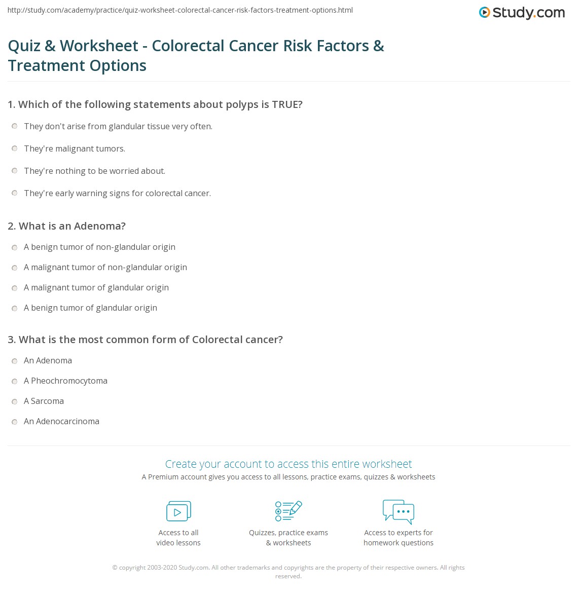 Quiz & Worksheet - Colorectal Cancer Risk Factors & Treatment Options ...