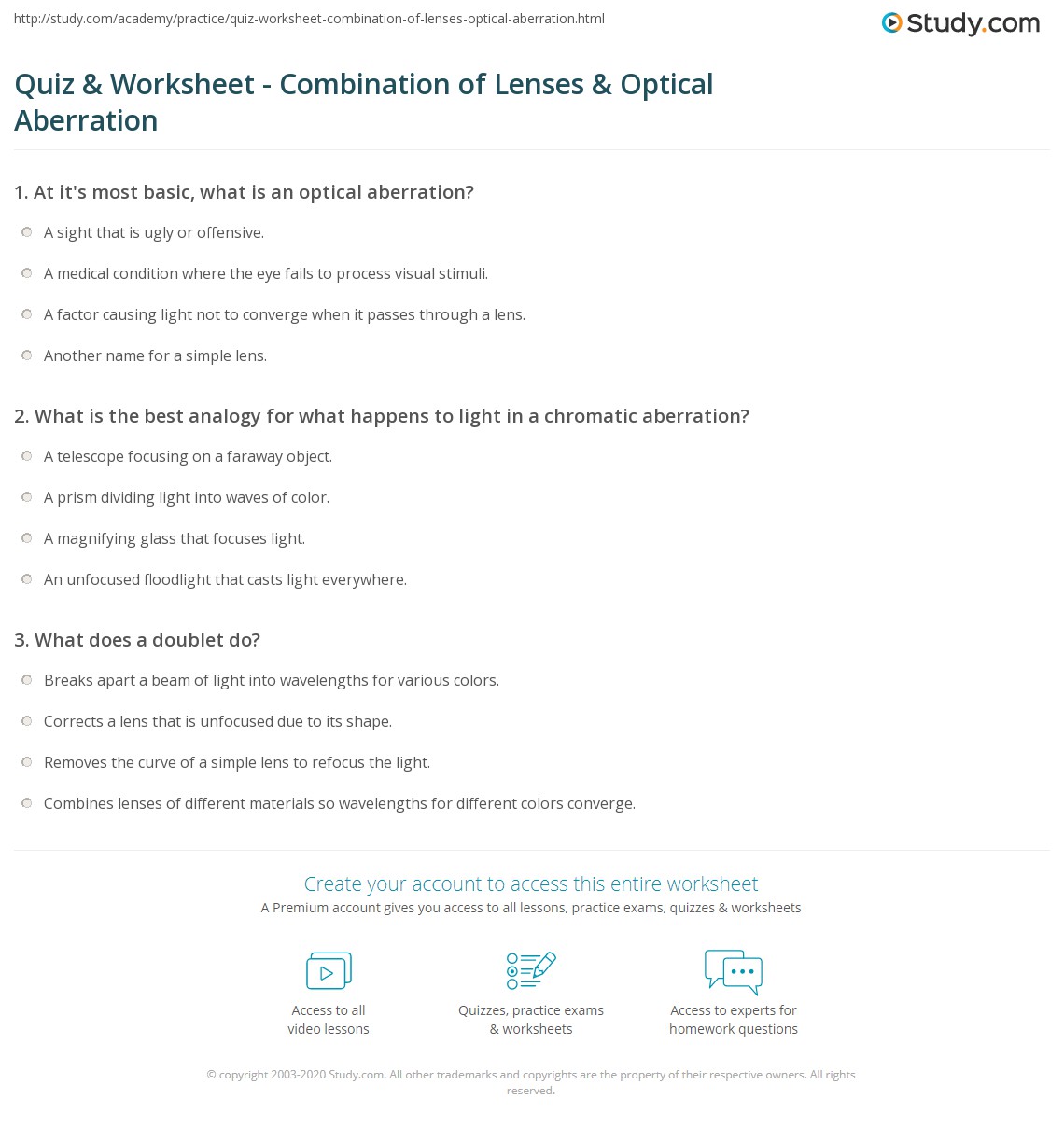 Quiz & Worksheet - Combination of Lenses & Optical Aberration | Study.com