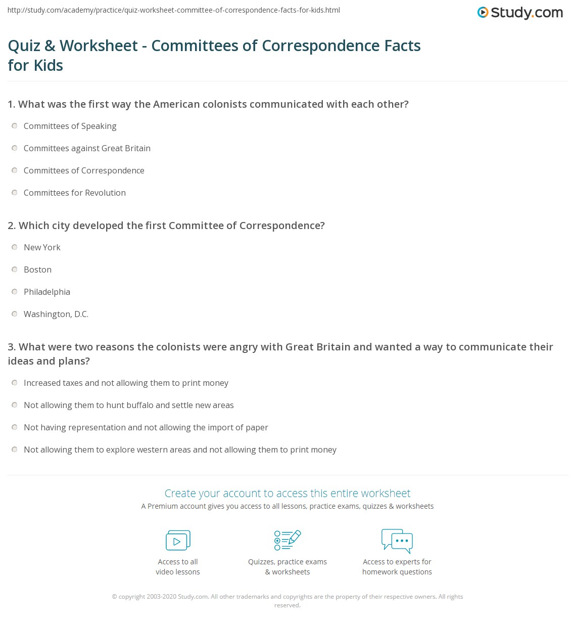 Quiz & Worksheet - Committees of Correspondence Facts for Kids | Study.com