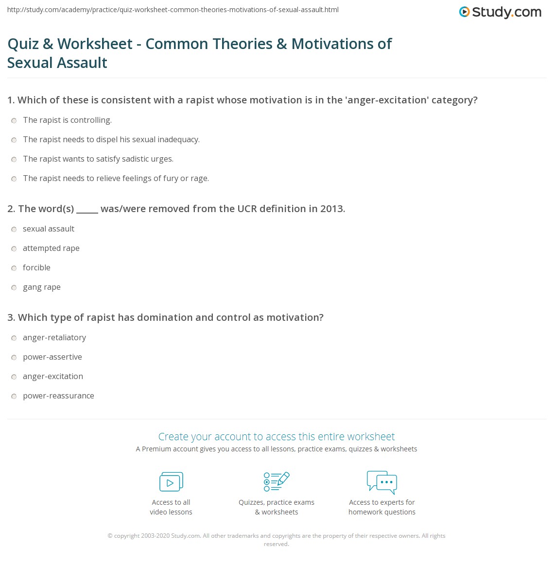 Quiz & Worksheet - Common Theories & Motivations of Sexual Assault ...