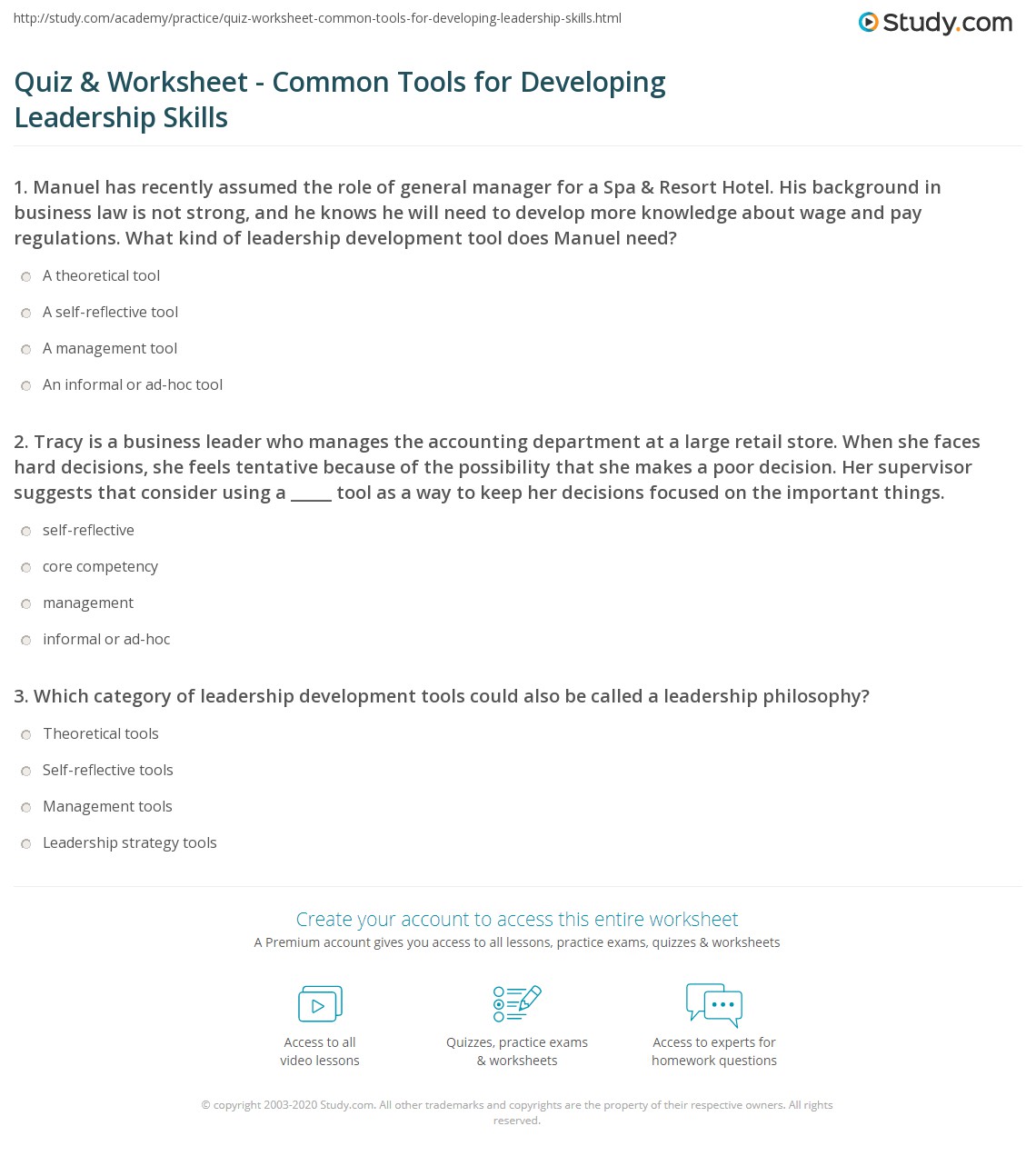 Quiz & Worksheet - Common Tools for Developing Leadership Skills ...