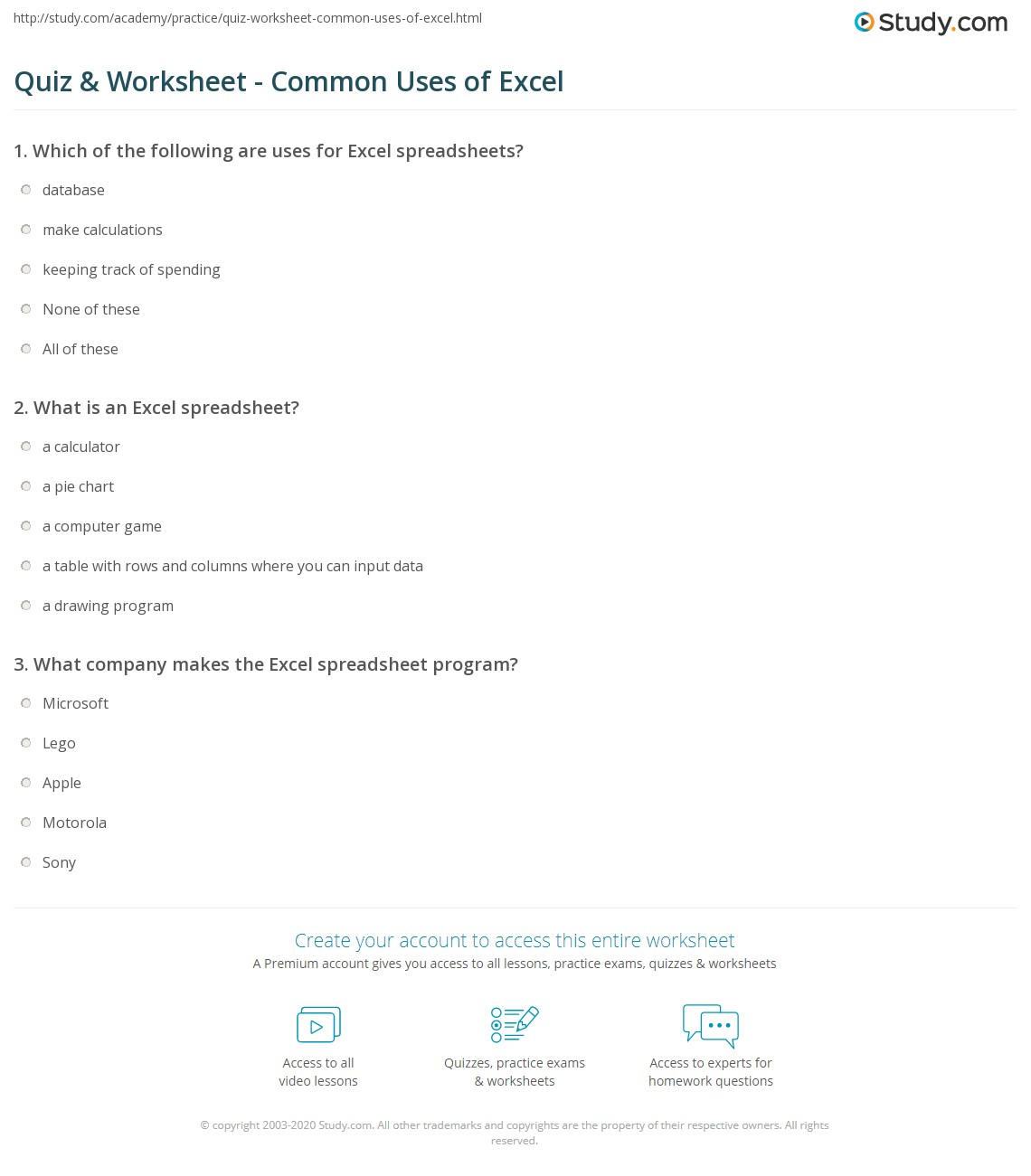 Quiz & Worksheet - Common Uses of Excel | Study.com